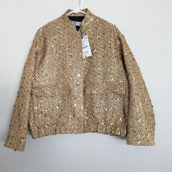 Zara | Jackets & Coats | Zara Gold Sequin Jacket S L Nwt | Poshmark